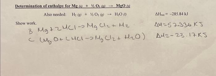 Solved Determination of enthalpy for Mg(s)+1/2O2(g)→MgO(s) | Chegg.com