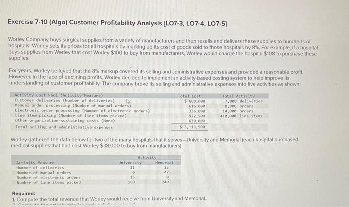 Solved Exercise 7-10 (Algo) Customer Profitability Analysis | Chegg.com