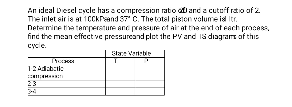 Solved An ideal Diesel cycle has a compression ratio 80 ﻿and | Chegg.com