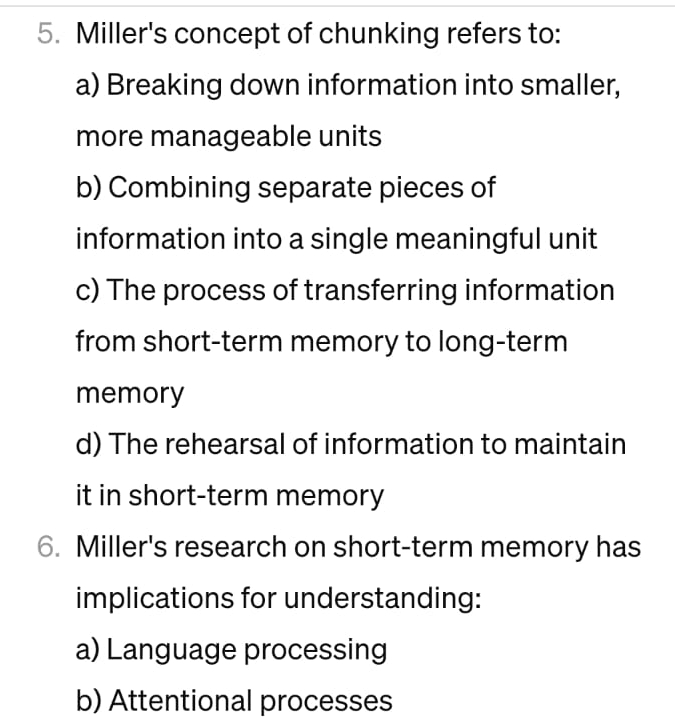 Solved Miller's concept of chunking refers to:a) ﻿Breaking | Chegg.com