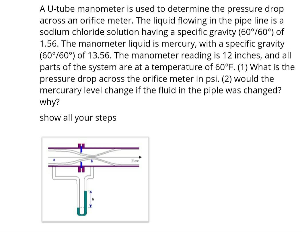 Solved A U-tube manometer is used to determine the pressure | Chegg.com