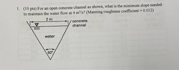 Solved 1. (10 pts) For an open concrete channel as shown, | Chegg.com