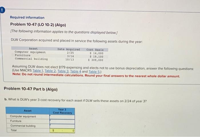 Solved Problem 10-47 (LO 10-2) (Algo) [The following | Chegg.com