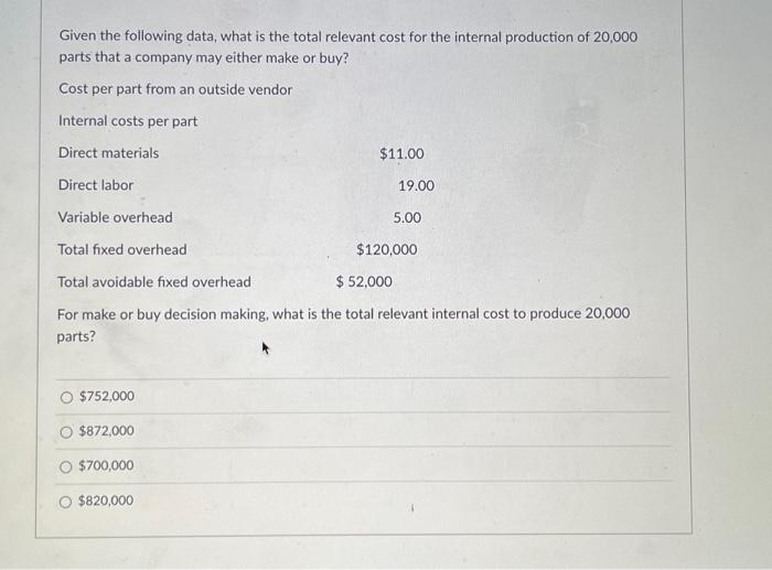 Solved Given the following data, what is the total relevant | Chegg.com