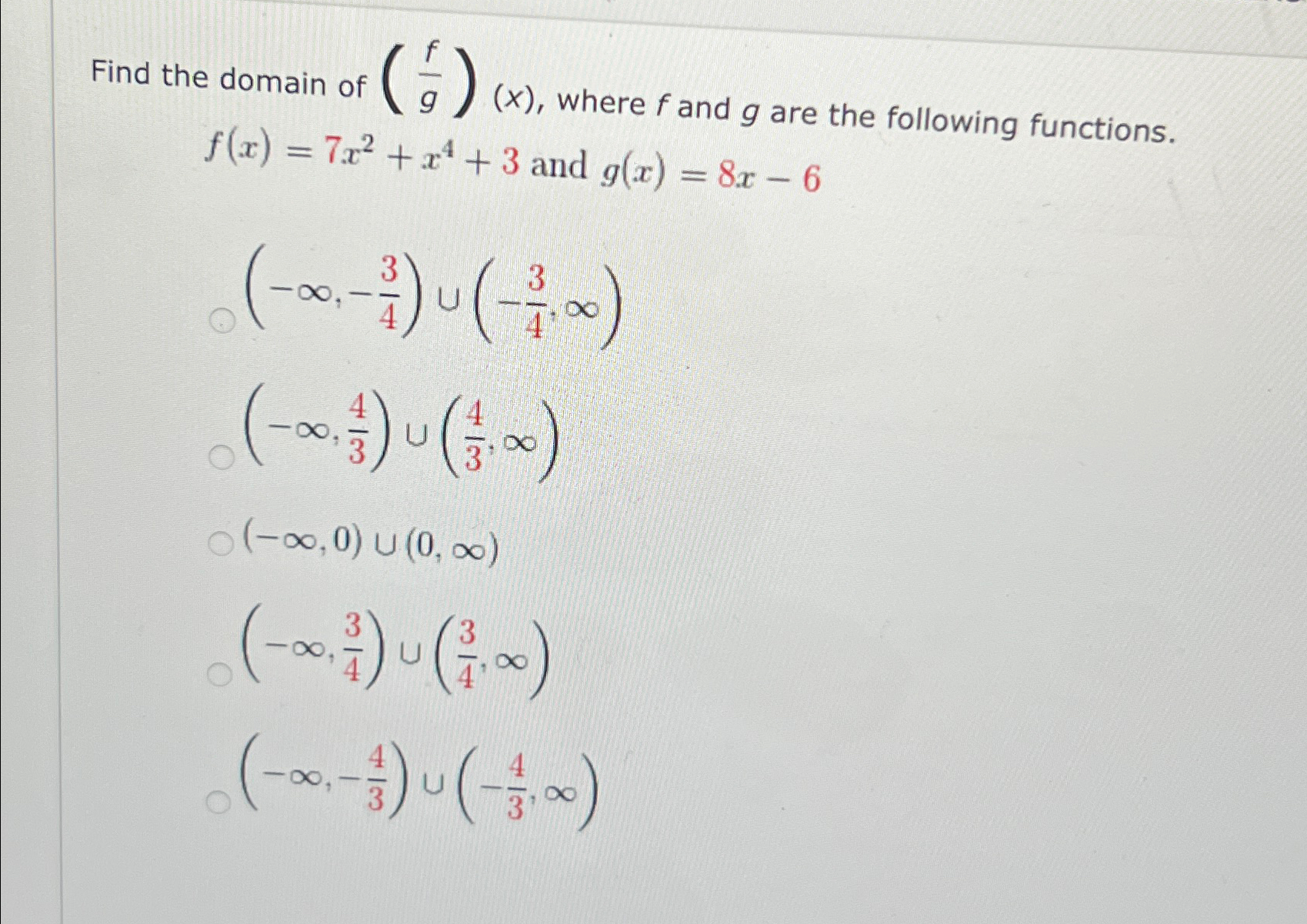Solved Find the domain of (fg)(x), ﻿where f ﻿and g ﻿are the | Chegg.com