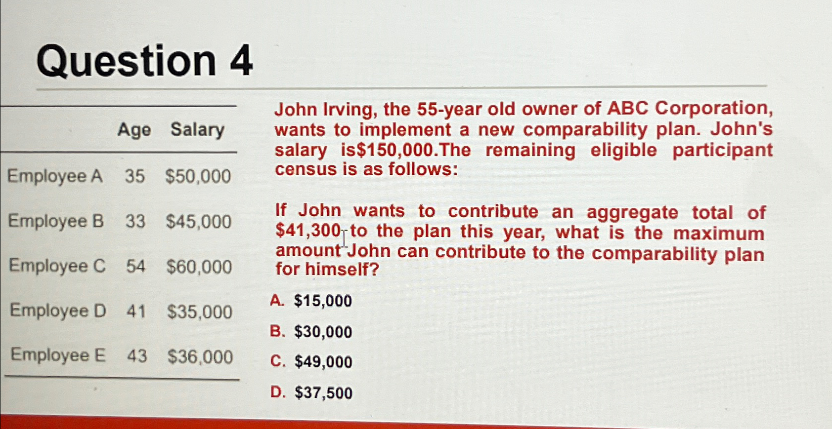 Solved Question 4\table[[,Age,Salary],[Employee A,35,$50,000 | Chegg.com