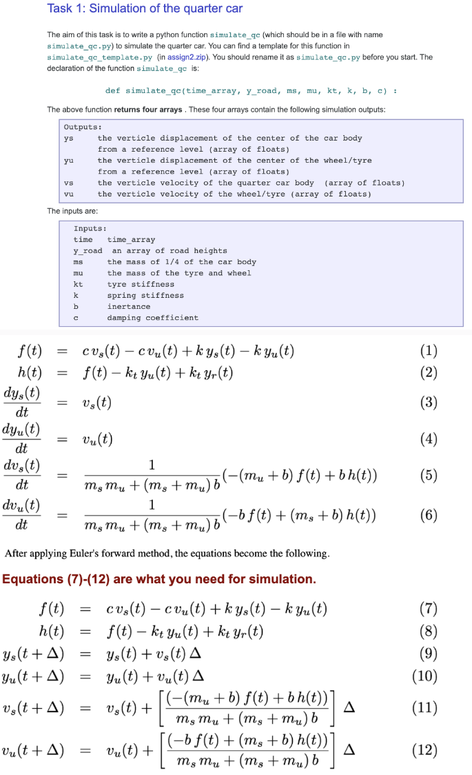 Solved Task 1: Simulation of the quarter carThe aim of this | Chegg.com