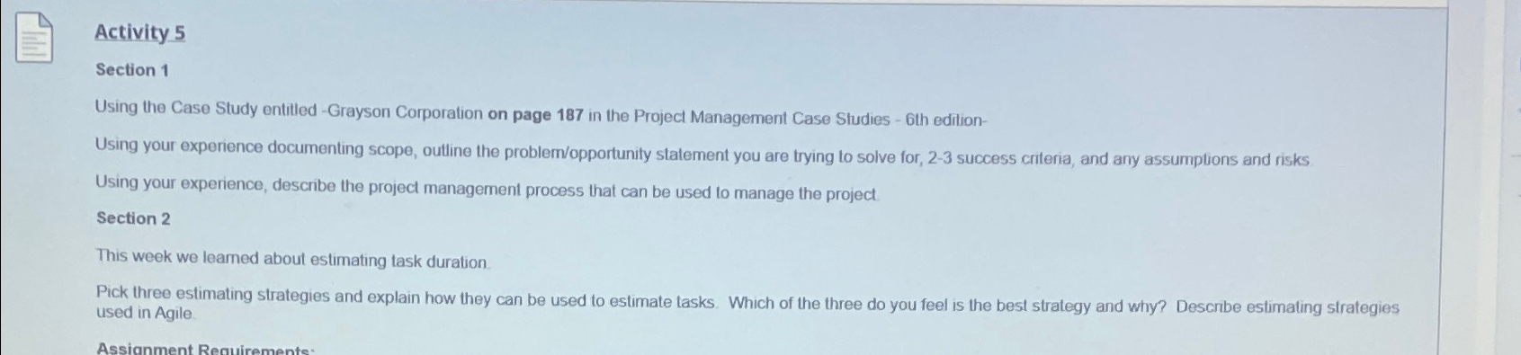 Solved Activity 5Section 1Using the Case Study entitled | Chegg.com