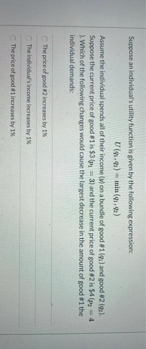 Solved Suppose an individual's utility function is given by | Chegg.com