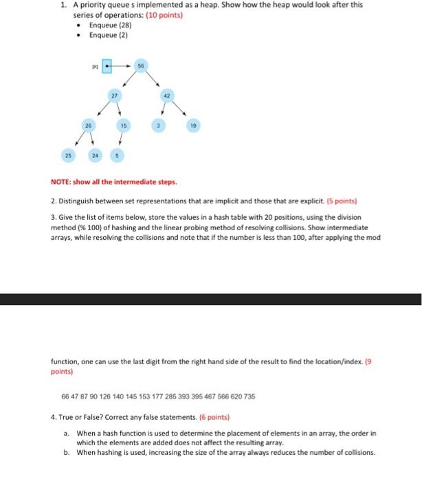 Solved 1. A priority queue s implemented as a heap. Show how | Chegg.com