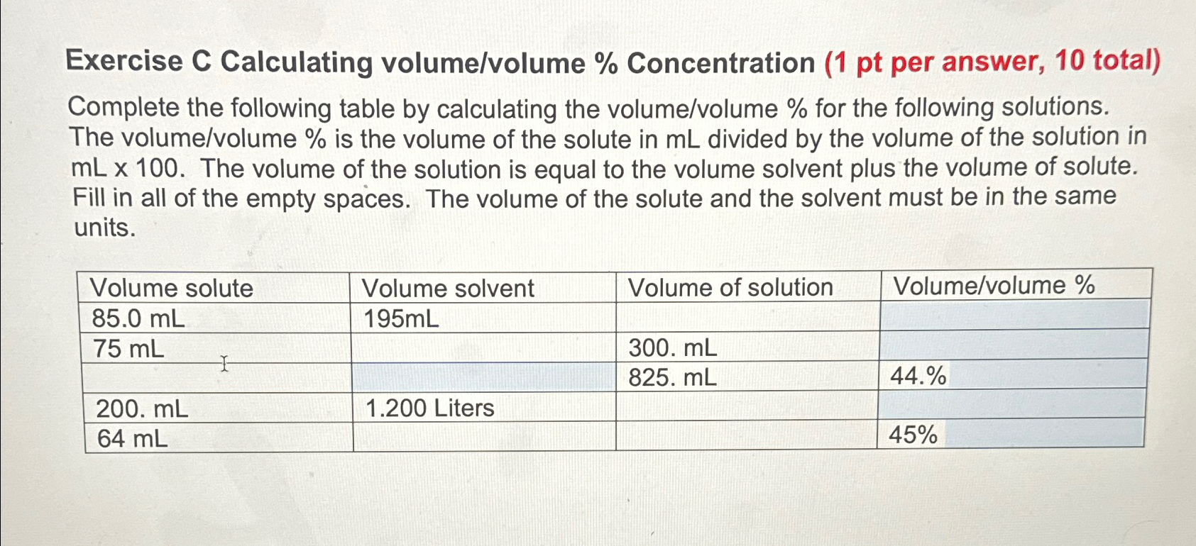 Solved Exercise C Calculating volume/volume % ﻿Concentration | Chegg.com