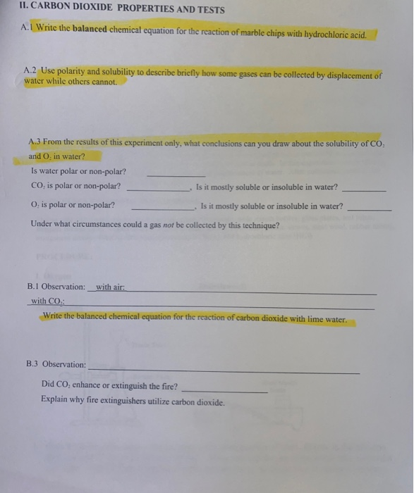 Solved IL CARBON DIOXIDE PROPERTIES AND TESTS A. I Write the | Chegg.com