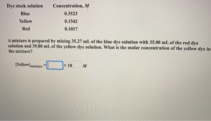 Solved Dye stock solution Blue Yellow Concentration, M | Chegg.com