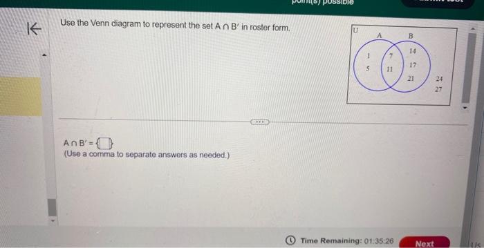 Solved Use the Venn diagram to represent the set A∩B′ in | Chegg.com