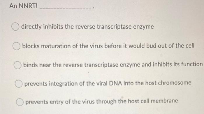 Solved An NNRTI directly inhibits the reverse transcriptase | Chegg.com