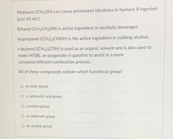 Solved Methanol (CH3OH) can cause permanent blindness in | Chegg.com