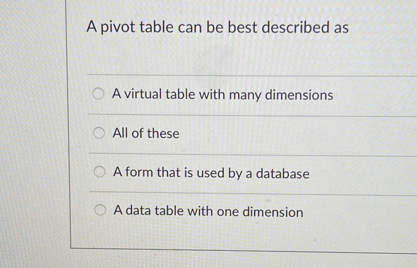 Solved A pivot table can be best described asA virtual table | Chegg.com