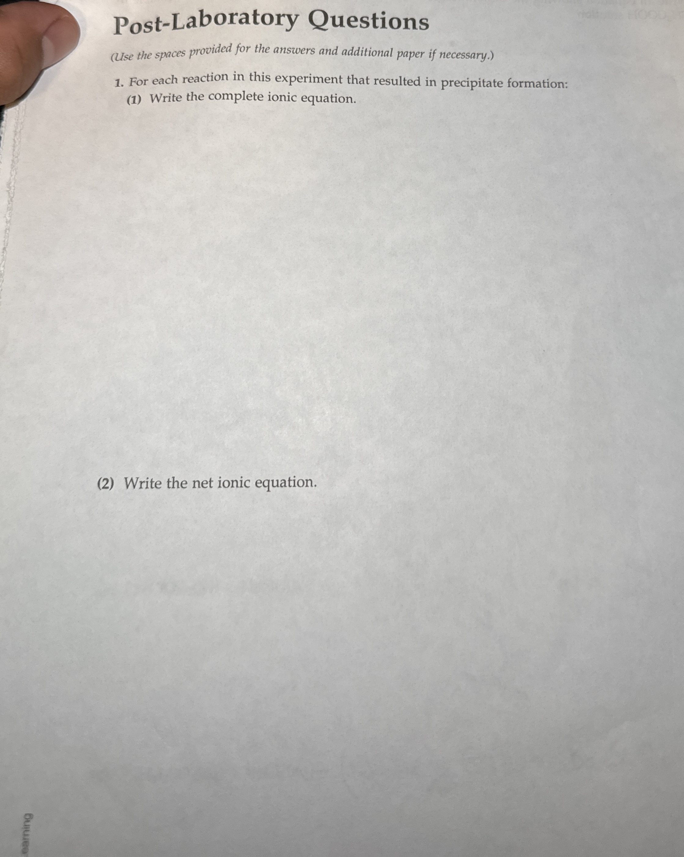 Solved Post-Laboratory Questions(Use the spaces provided for | Chegg.com