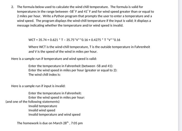 Solved 2. The formula below used to calculate the wind chill | Chegg.com