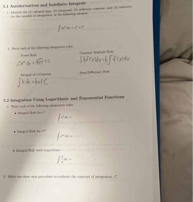 Solved 5.1 Antiderivatives and Indefinite Integrals 1. | Chegg.com