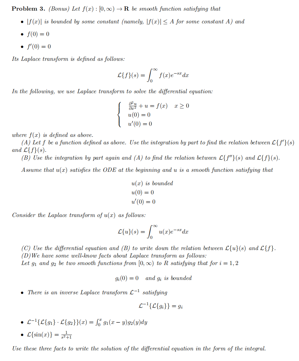 Problem 3. (Bonus) ﻿Let f(x):[0,∞)→R ﻿be smooth | Chegg.com