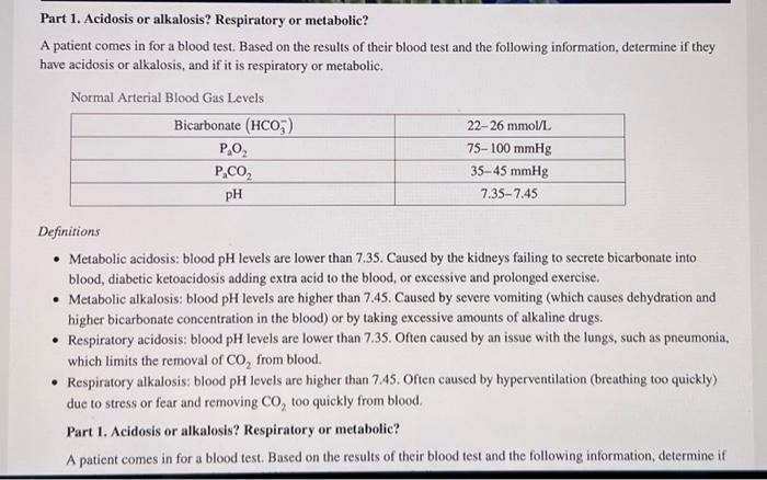 Solved Part 1. Acidosis or alkalosis? Respiratory or | Chegg.com
