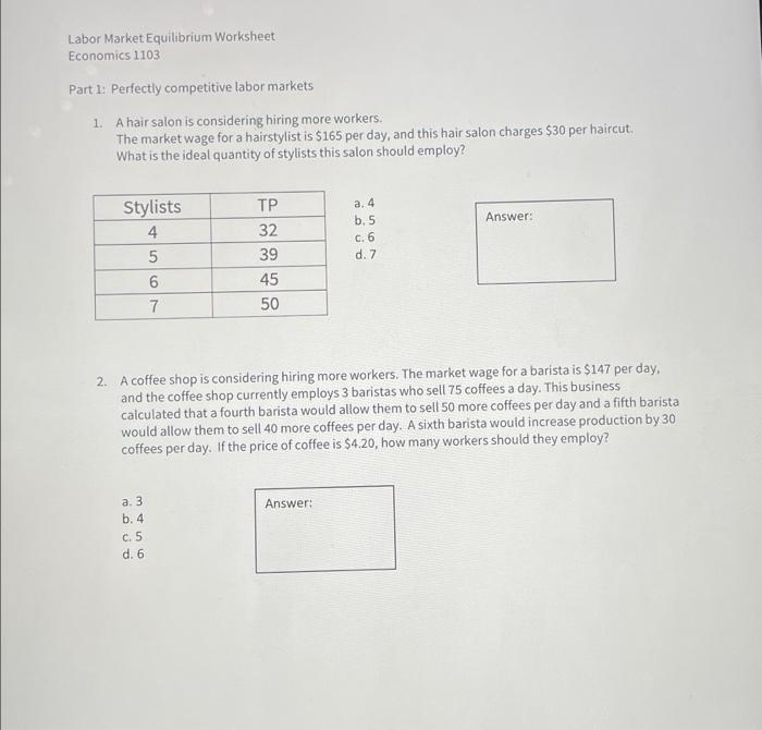 Solved Labor Market Equilibrium Worksheet Economics 1103 | Chegg.com