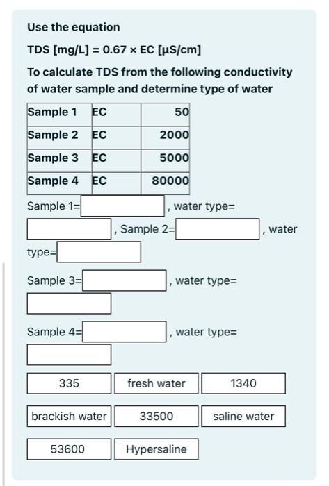 Solved Use the equation TDS [mg/L]=0.67×EC[μS/cm] To | Chegg.com
