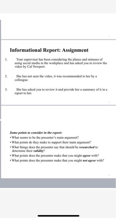 Solved Informational Report: Assignment Your supervisor has | Chegg.com