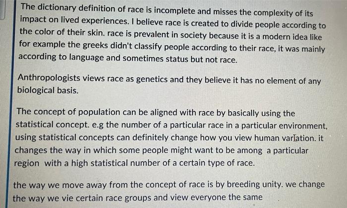 The dictionary definition of race is incomplete and | Chegg.com