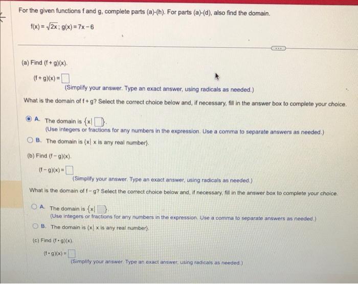 Solved For the given functions f and g, complete parts | Chegg.com