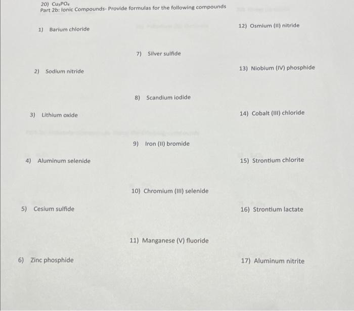Solved 20) Cu3PO4 Part 2b: lonic Compounds-Provide formulas | Chegg.com