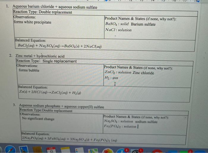 1. Aqueous barium chloride + aqueous sodium sulfate | Chegg.com