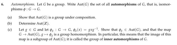 Solved 6. Automorphisms. Let G be a group. Write Aut(G) the | Chegg.com
