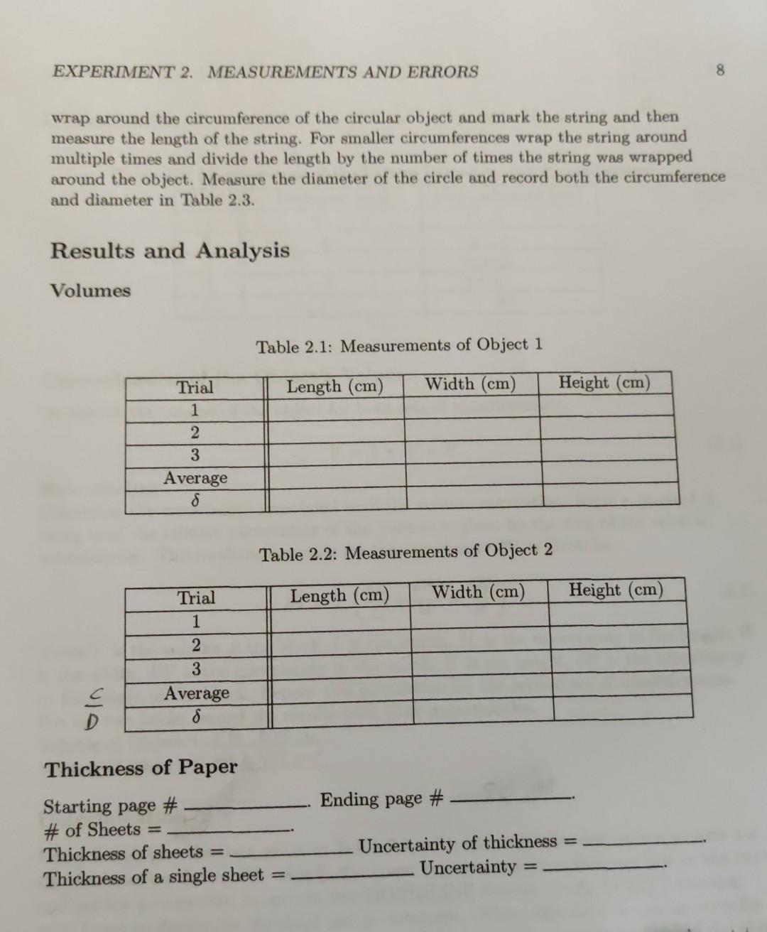 Solved EXPERIMENT 2. MEASUREMENTS AND ERRORS wrap around the | Chegg.com