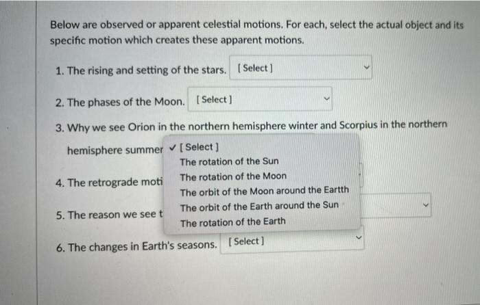 Solved Below are observed or apparent celestial motions. For | Chegg.com
