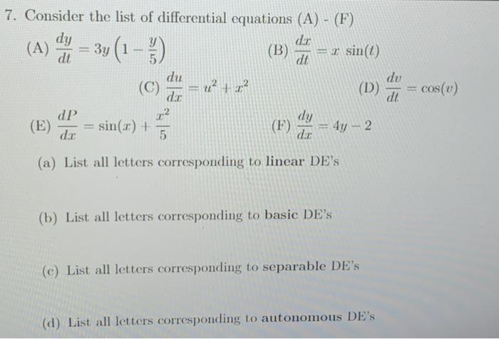 Solved 7. Consider the list of differential equations (A) - | Chegg.com