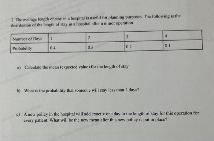 Solved 2. The average length of stay in a hospital is useful | Chegg.com