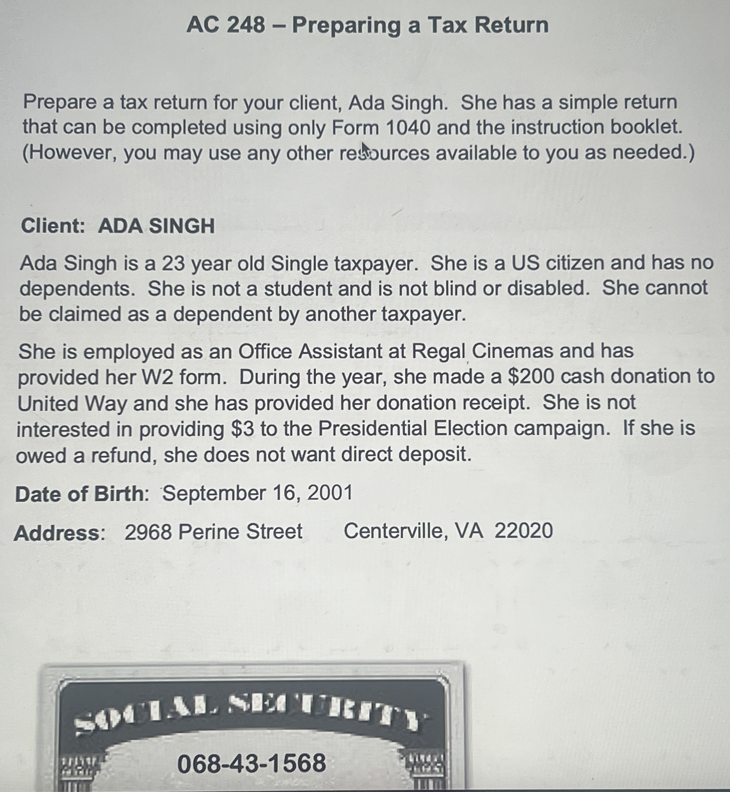 Solved AC 248 - ﻿Preparing a Tax ReturnPrepare a tax return | Chegg.com