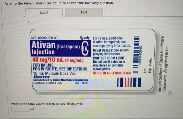 Solved Refer to the Ativan label in the figure to answer the | Chegg.com