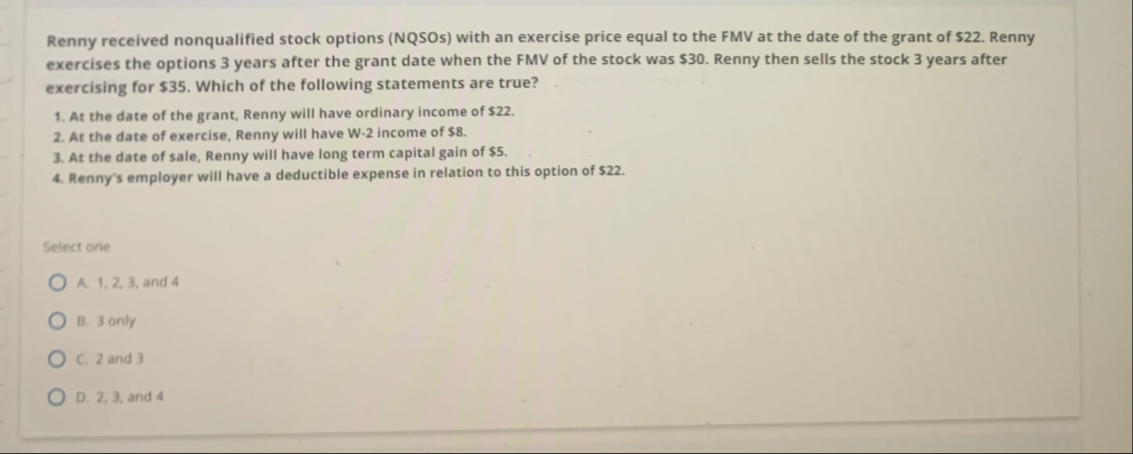 Solved Renny received nonqualified stock options (NQSOs) | Chegg.com