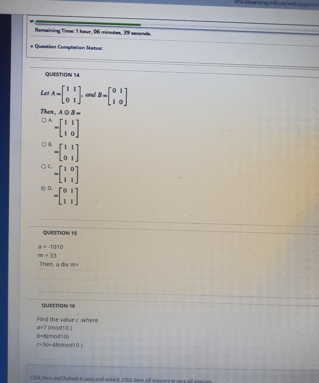 Solved Ims.elearning.edu.sa/webapps/as Remaining Time: 1 | Chegg.com