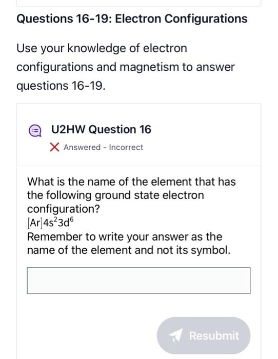 Solved Questions 16-19: Electron Configurations Use your | Chegg.com