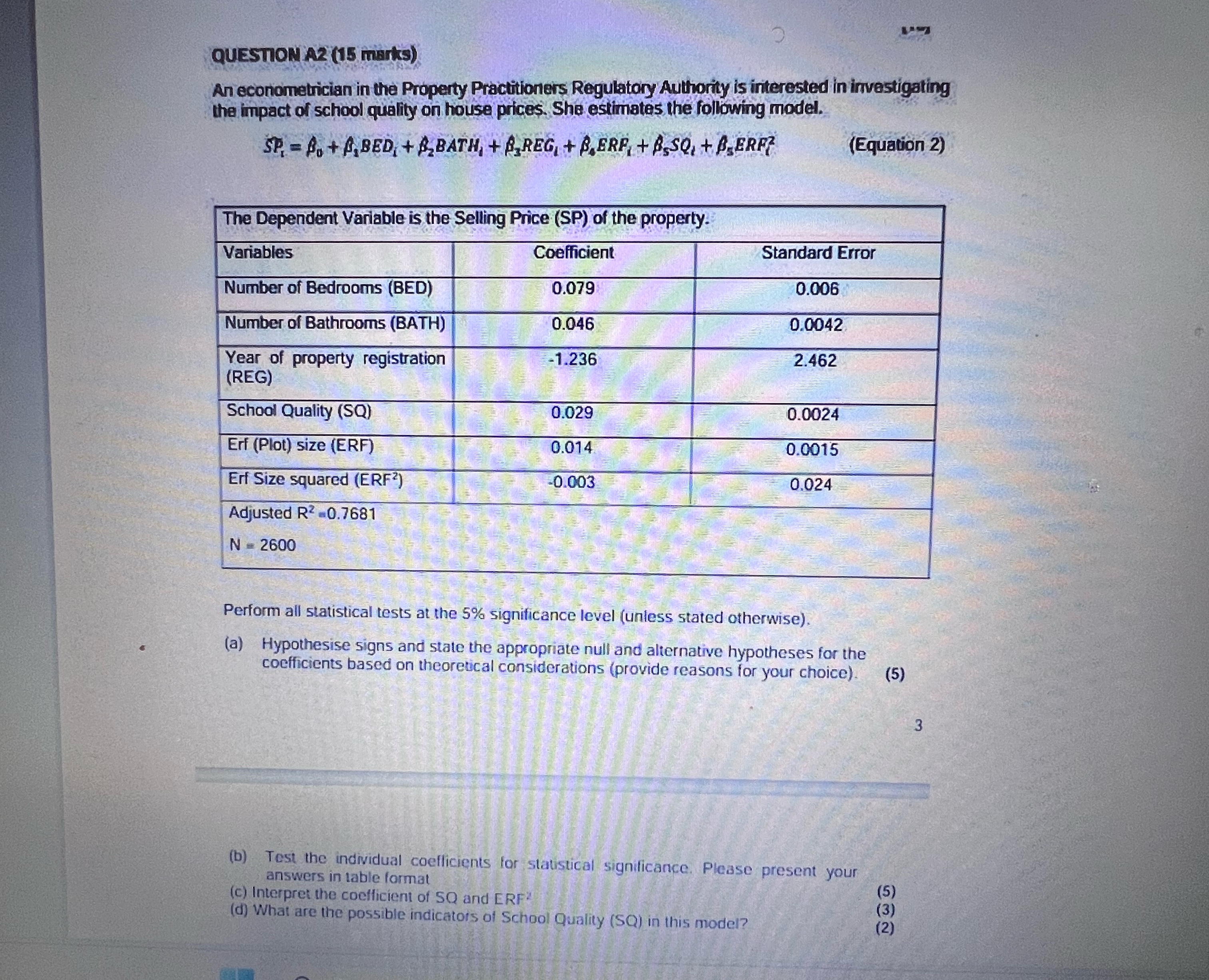 Solved QUESTION A2 (15 ﻿marks)An econometrician in the | Chegg.com