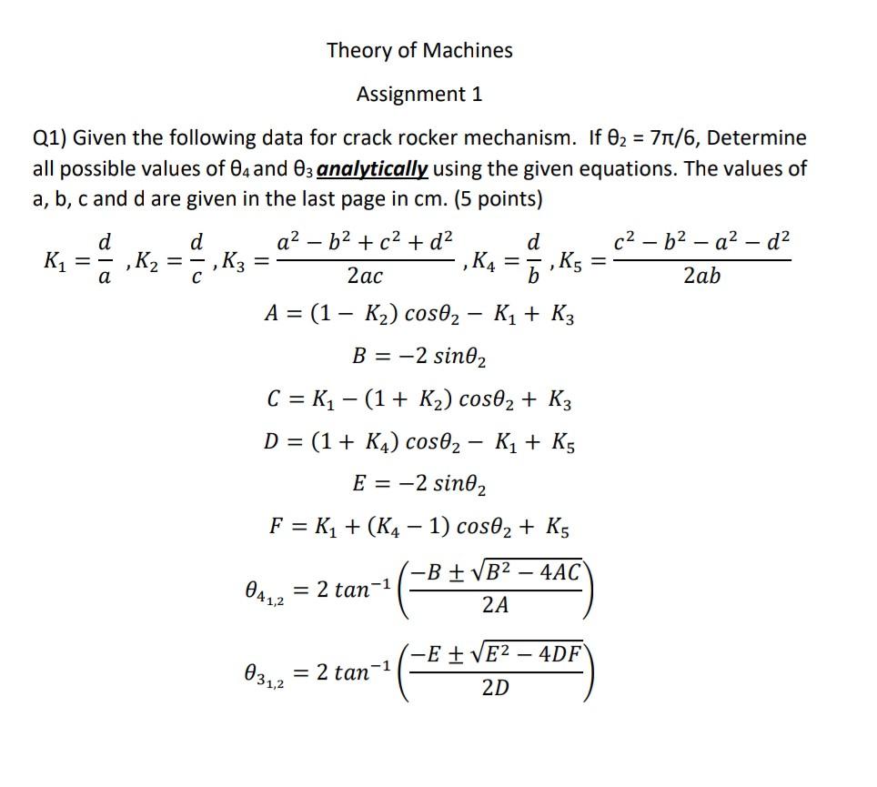 Solved Theory of Machines Assignment 1 =- = = == a 10 Q1) | Chegg.com