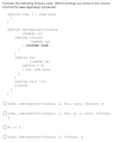 Solved Consider the following Scheme code: Which bindings | Chegg.com