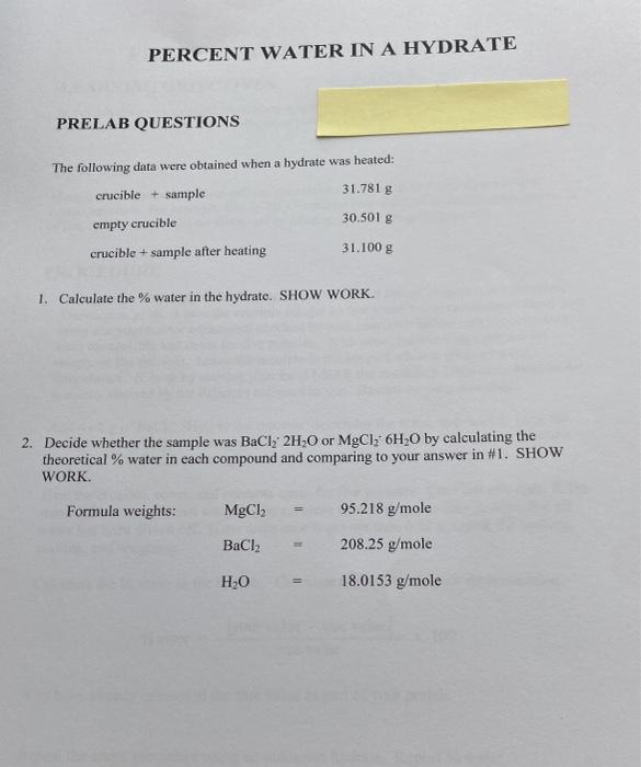 Solved PERCENT WATER IN A HYDRATE PRELAB QUESTIONS The | Chegg.com