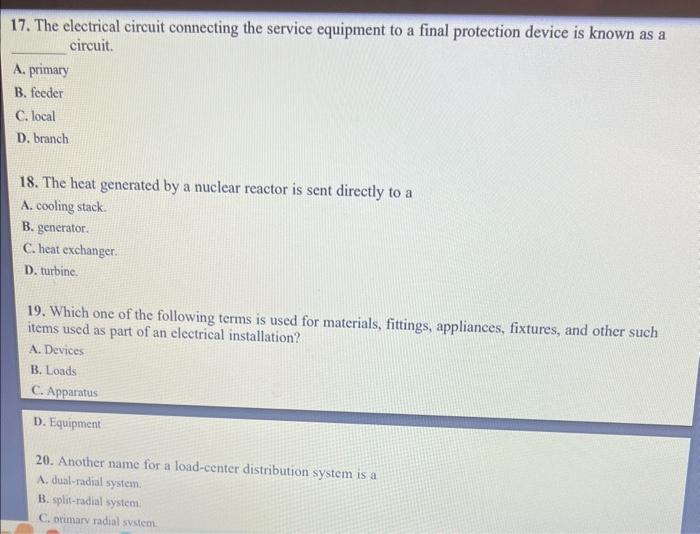 Solved 17. The electrical circuit connecting the service | Chegg.com