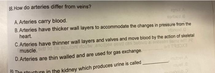 Solved 88. How do arteries differ from veins? A. Arteries | Chegg.com