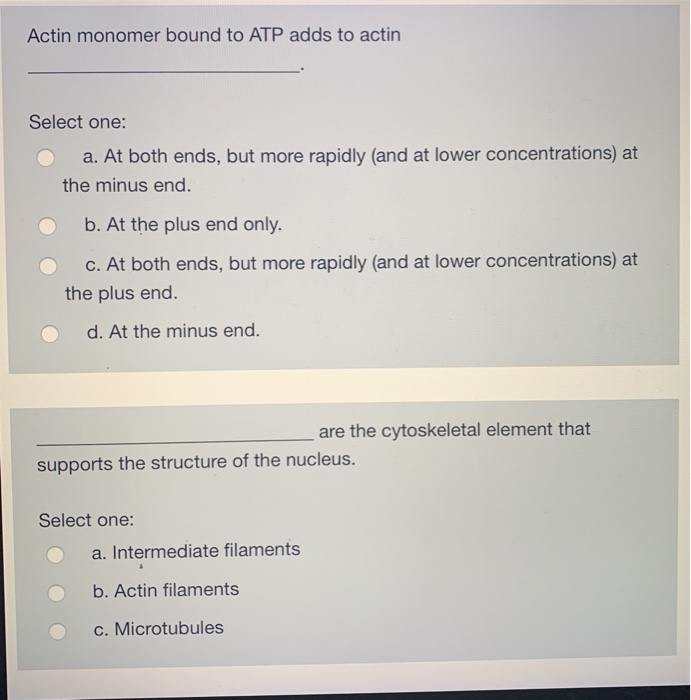 Solved Actin monomer bound to ATP adds to actin Select one: | Chegg.com